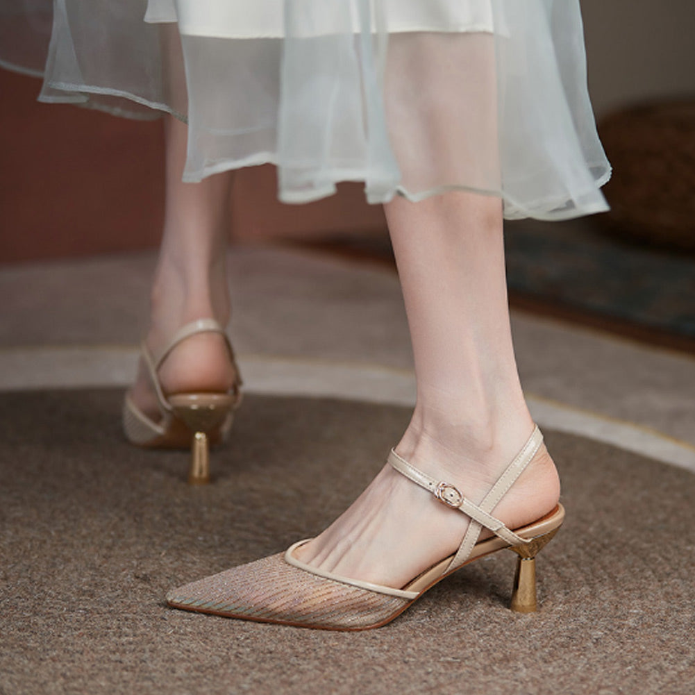 POINTED TOE KITTEN HEEL MESH SANDALS – i-moon