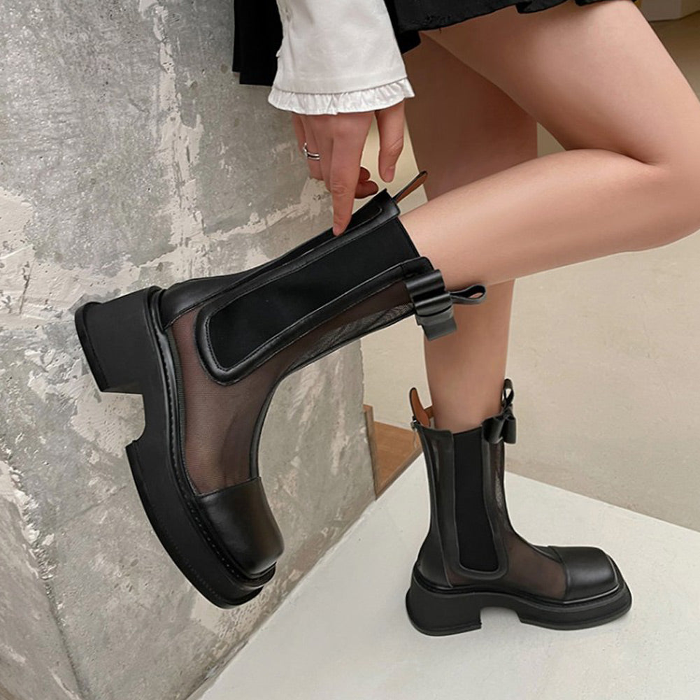 SQUARE TOE PLATFORM CHUNKY HEEL MID CALF MESH BOOTS – HOLA OHLA